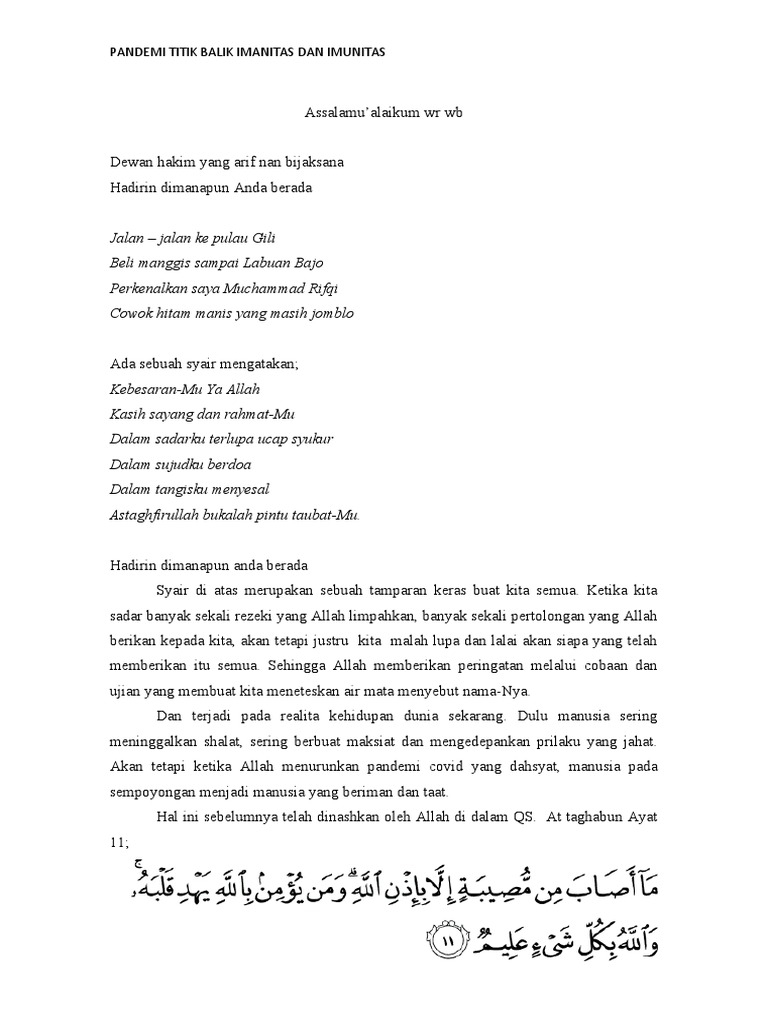 Teks Dai Meningkatkan Kualitas Iman Dan Imun Di Kala Pandemi | PDF