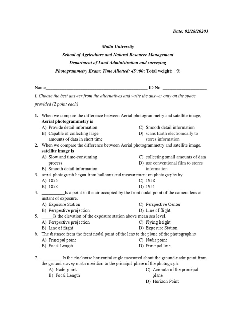 Photogrammetry - Exam For Land ADMNI | PDF | Aerial Photography | Camera