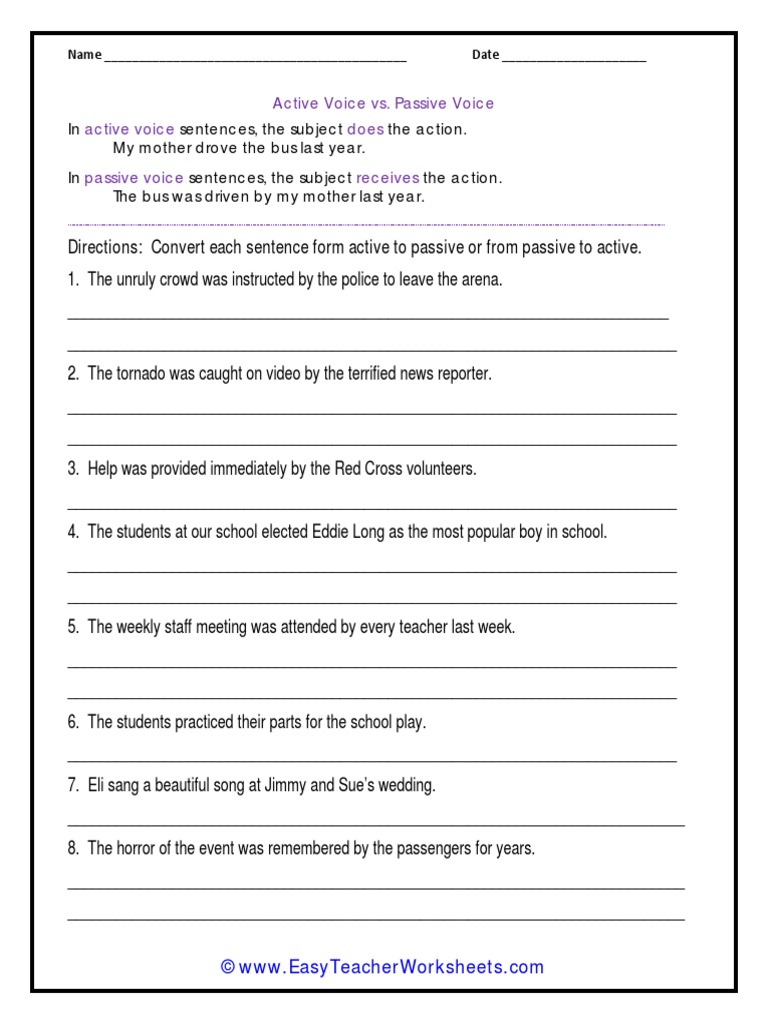 Active vs. Passive Voice Worksheet | PDF