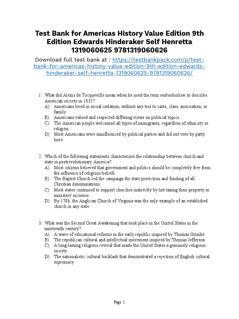 Americas History Value Edition 9th Edition Edwards Test Bank Download ...