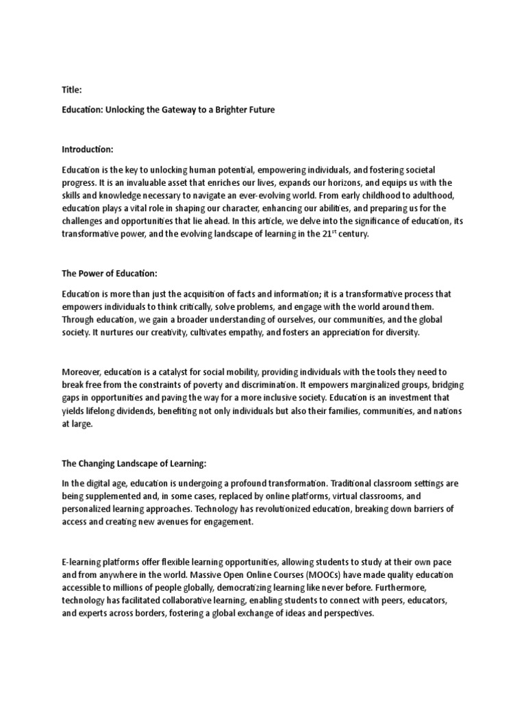 Title: Education: Unlocking The Gateway To A Brighter Future | PDF ...