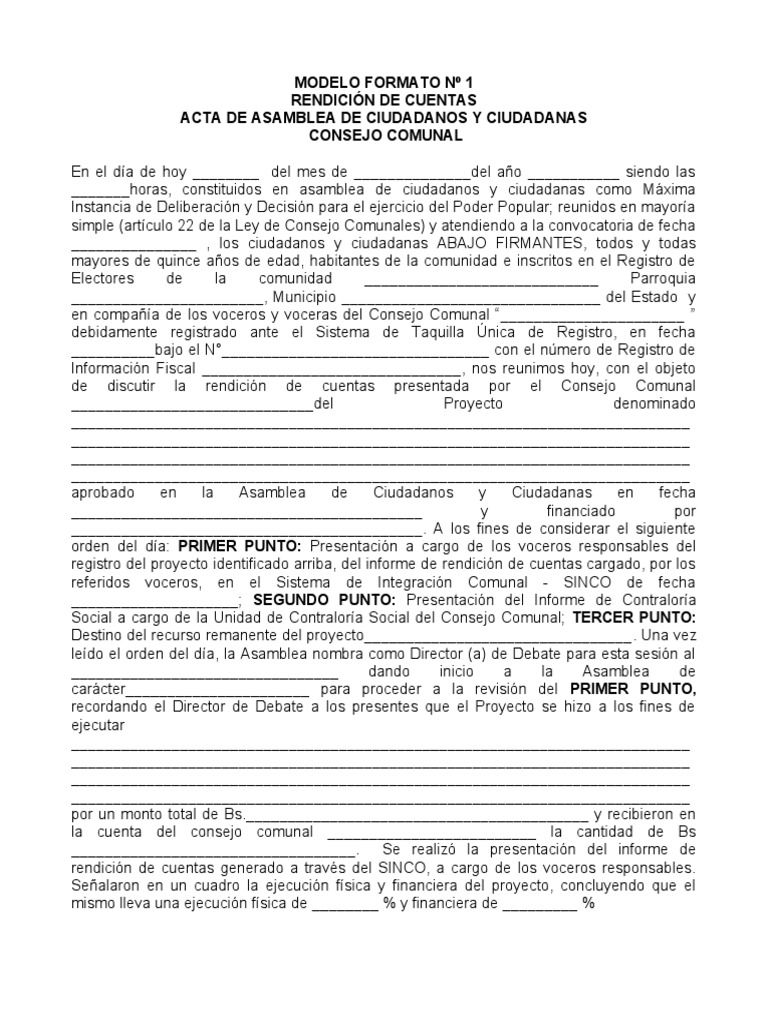 Modelo Acta Asamblea Rendicion Consejo Comunal | PDF | Responsabilidad | Gobierno