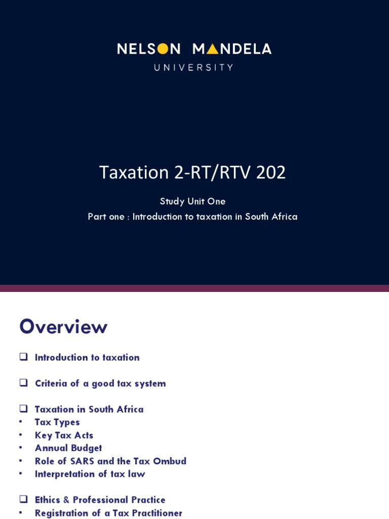 RTV 202 Study Unit 1 - Taxes in South Africa Lecture Notes (Part 1 ... RTV 202 Study Unit 1 - Taxes in South Africa Lecture Notes (Part 1 ...