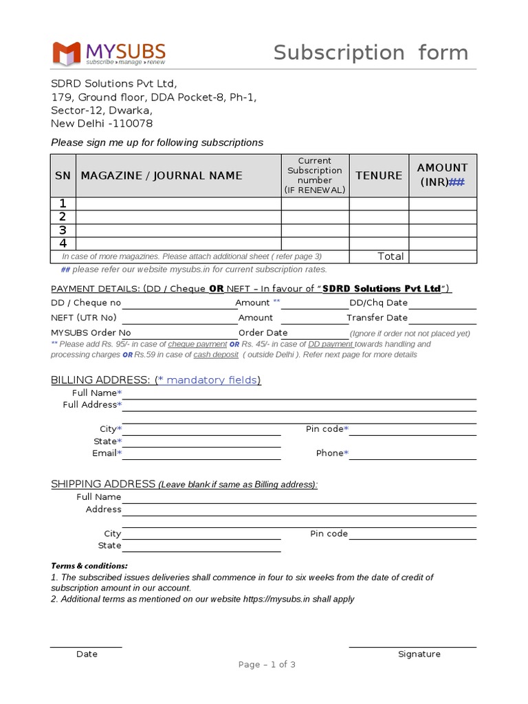 MYSUBS Subscription Form | PDF