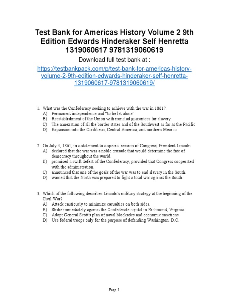Americas History Volume 2 9th Edition Edwards Test Bank Download | PDF