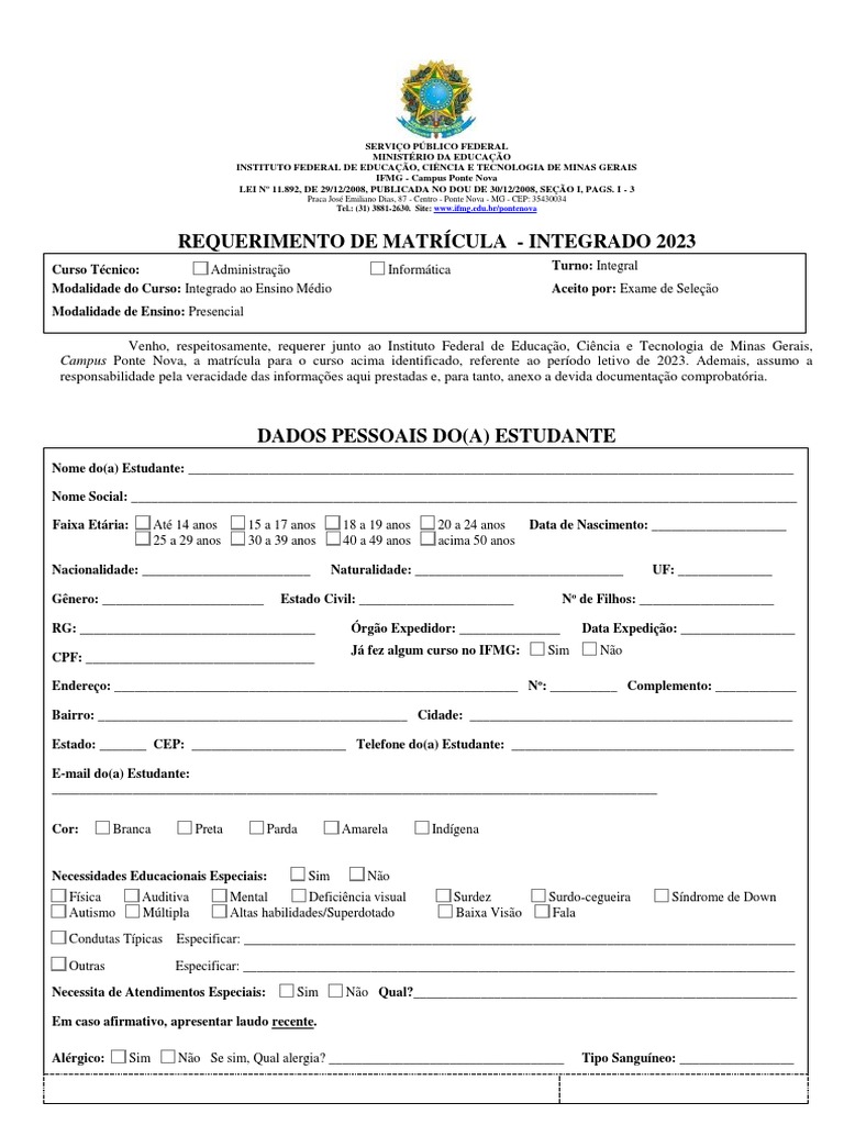 Formulario de Requerimento de Matricula e Termo de Compromisso | PDF | Escolas | Pedagogia