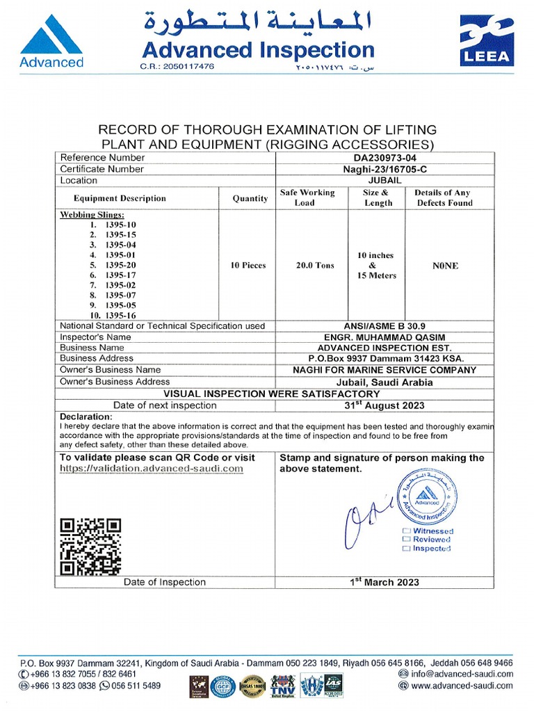 Inspection Certificates of Rigging Acccessories | PDF