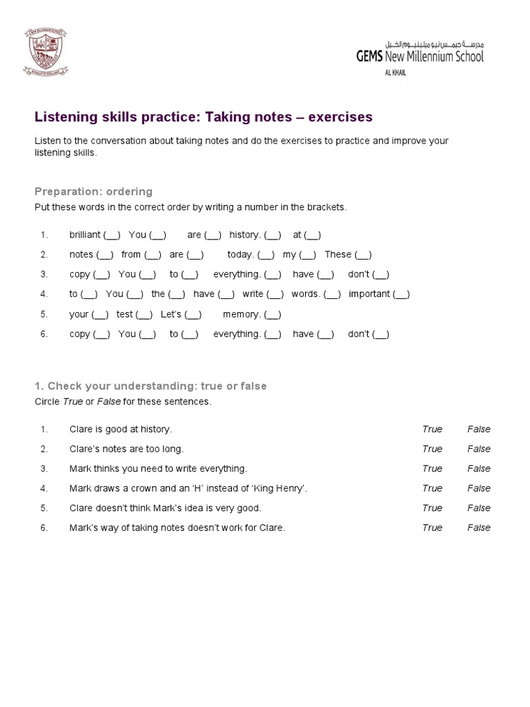 Listening Task 1-Exercises - Taking Notes | PDF