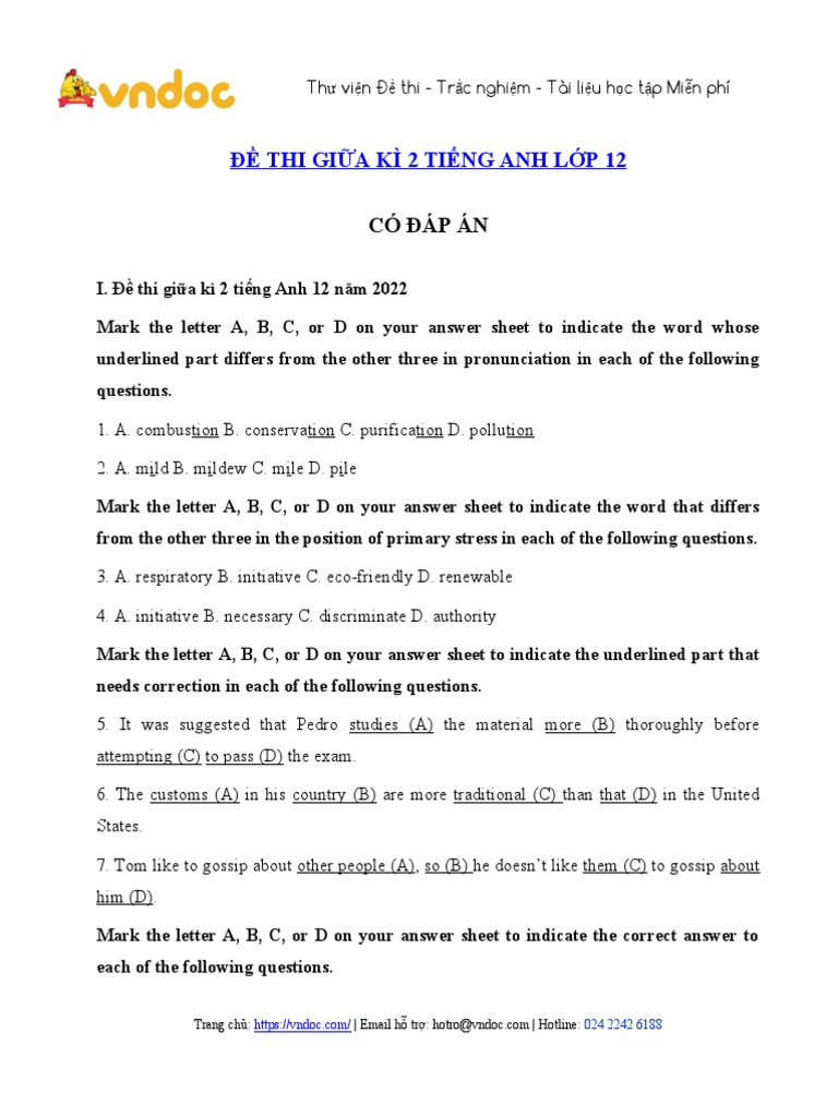 De Thi Giua Hoc Ki 2 Lop 12 Mon Tieng Anh | PDF | Internet | Information