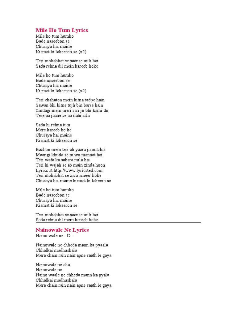 Mile Ho Tum Humko Lyrics | PDF | Language Arts & Discipline
