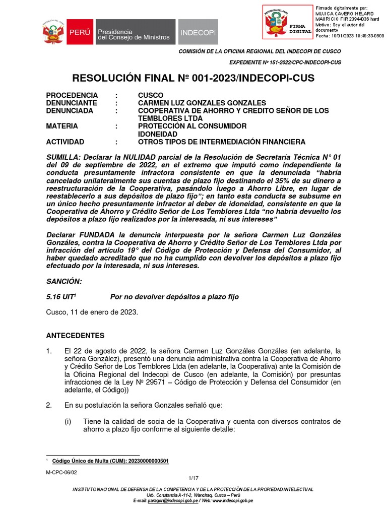 Resolución Final #001-2023/Indecopi-Cus | PDF | Multa (pena ...