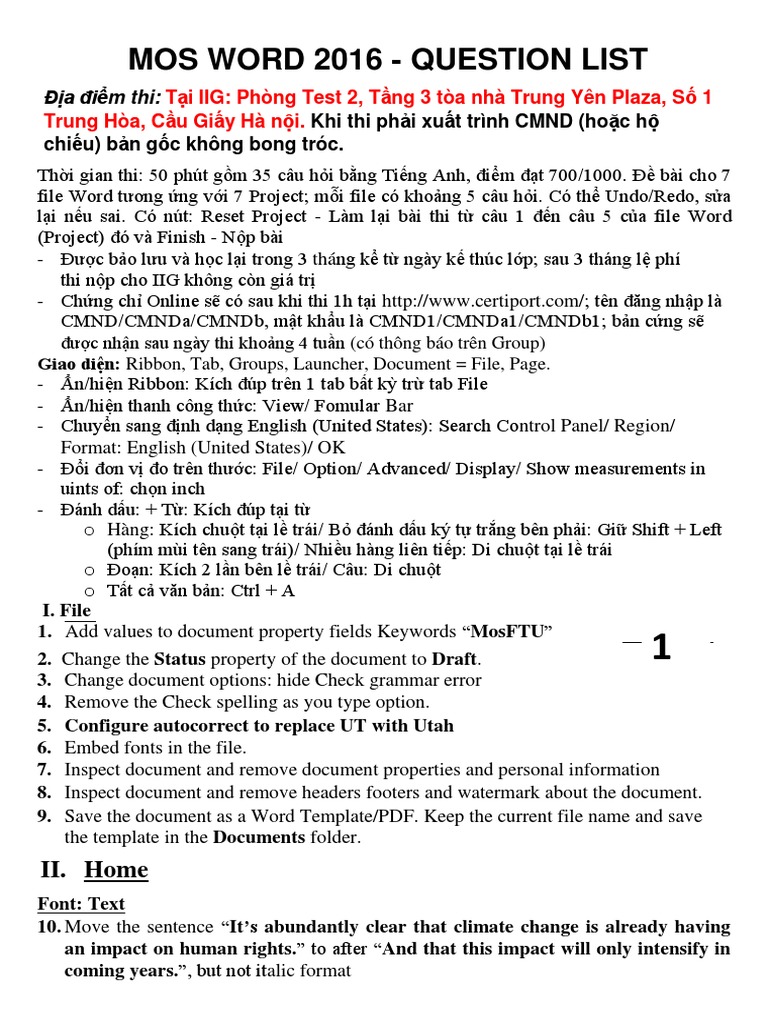 2021 -Tổng hợp câu hỏi MOS Word 2016 | PDF