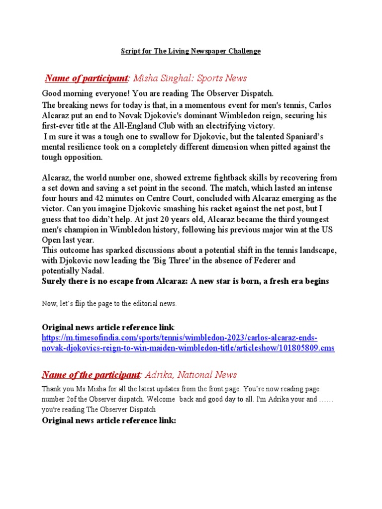 Script For The Living Newspaper Challenge-The Indian School - Final | PDF