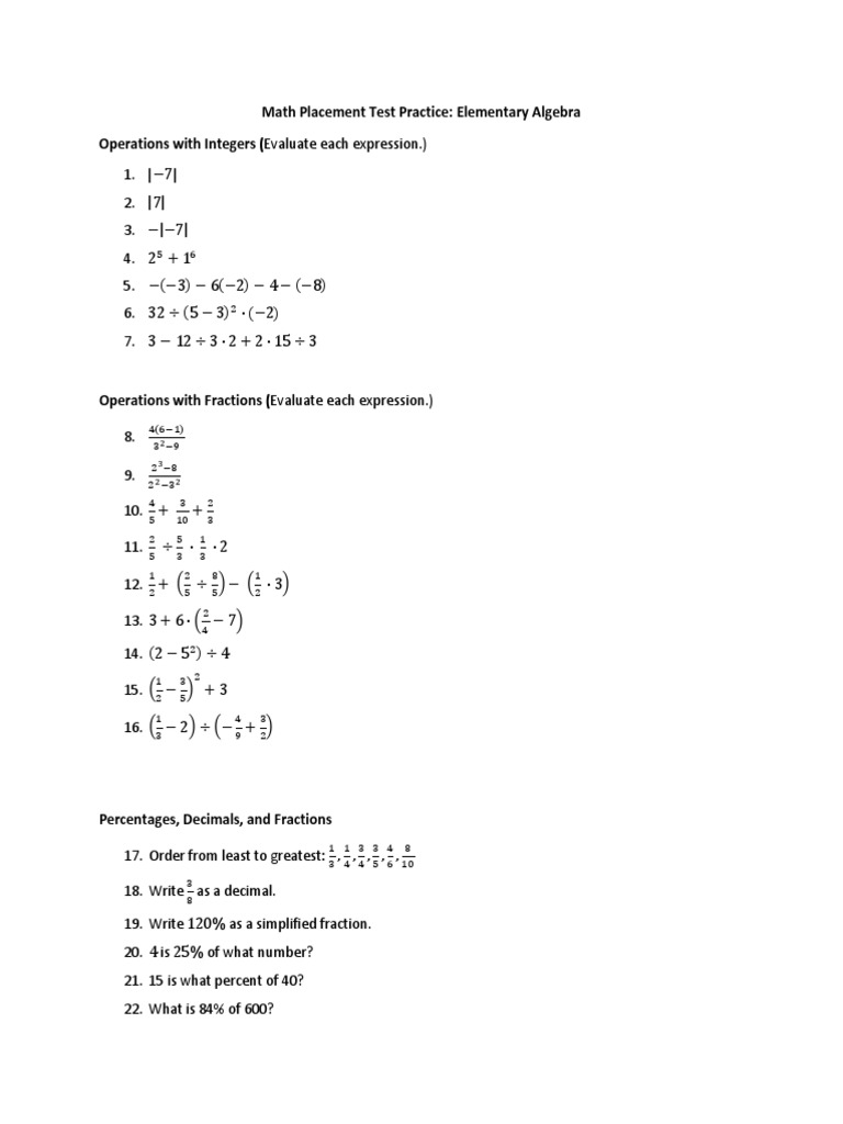 Algebra Placement Test Practice Guide | PDF