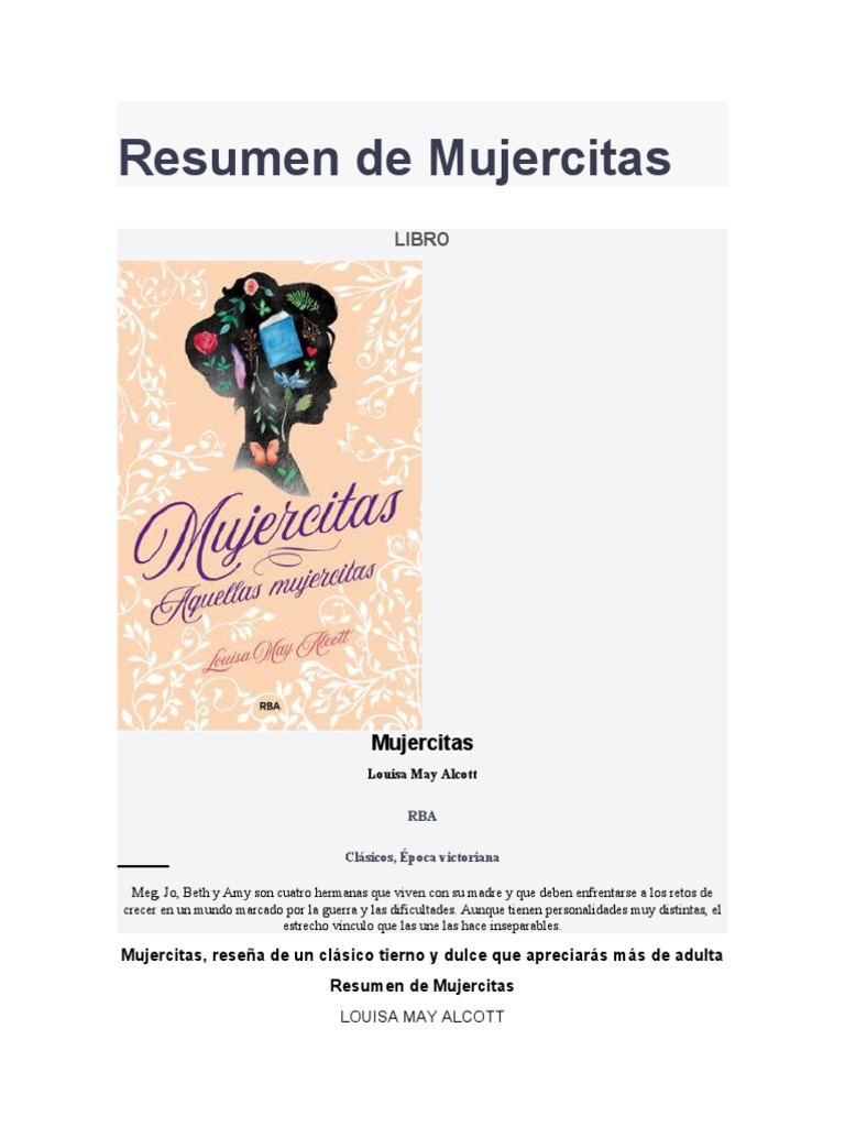 Resumen de Mujercitas | PDF | Pequeña mujer | Louisa May Alcott Resumen de Mujercitas | PDF | Pequeña mujer | Louisa May Alcott