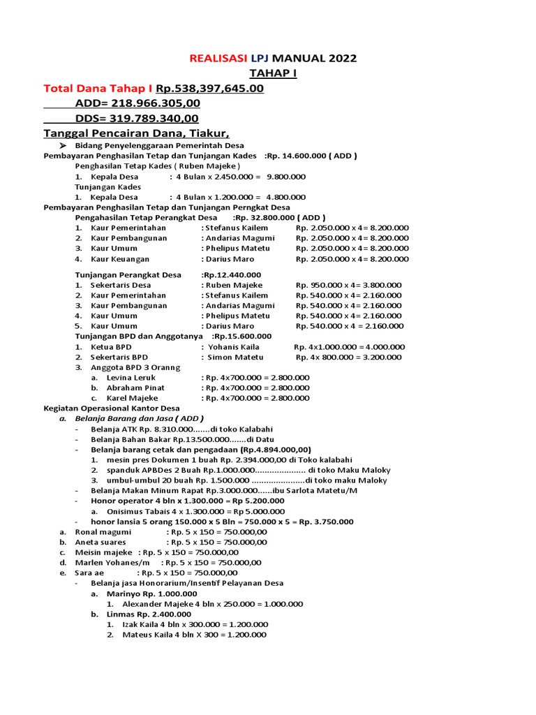REALISASI LPJ MANUAL Tahap I 2022 | PDF