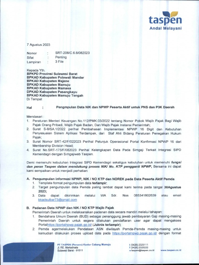 Surat Pengumpulan Data Kebutuhan Integrasi Sipd Kemendagri | PDF