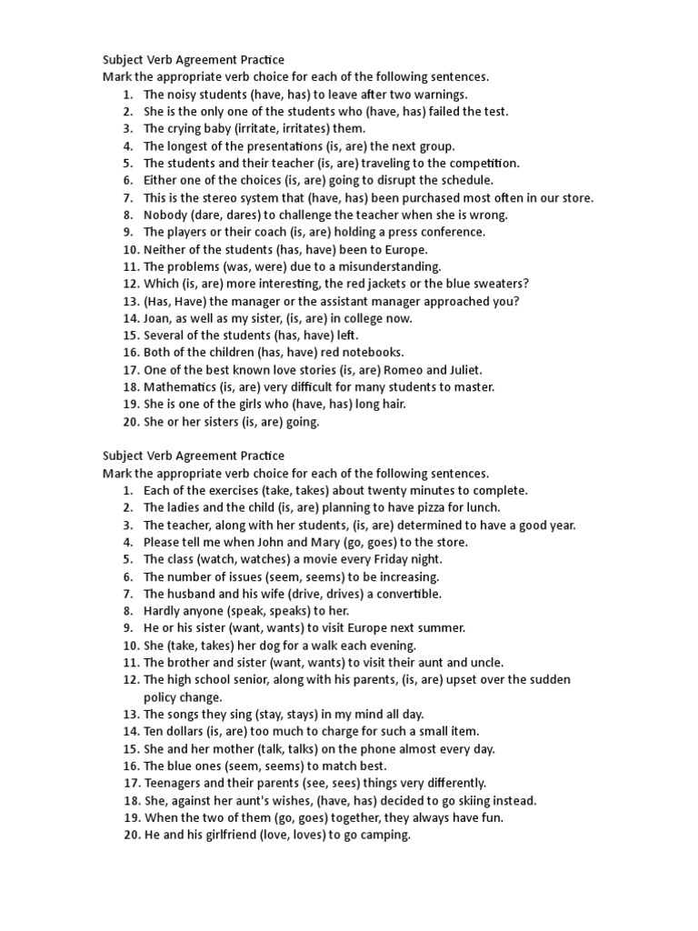 Subject Verb Agreement Practice | PDF