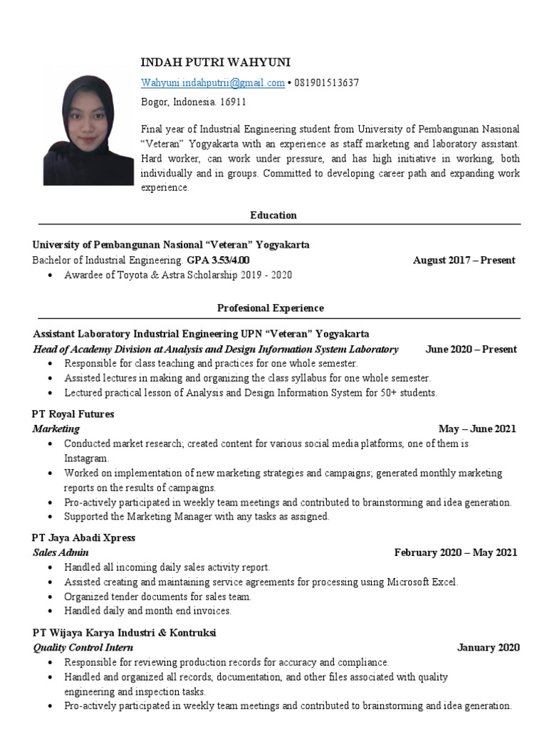 CV - Indah Putri Wahyuni - Admin Sales | PDF