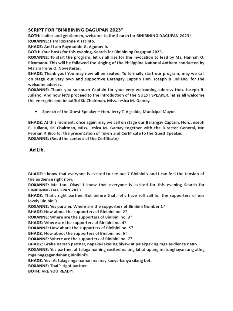 SCRIPT FOR EMCEE BINIBINING DAGUPAN 2023! | PDF