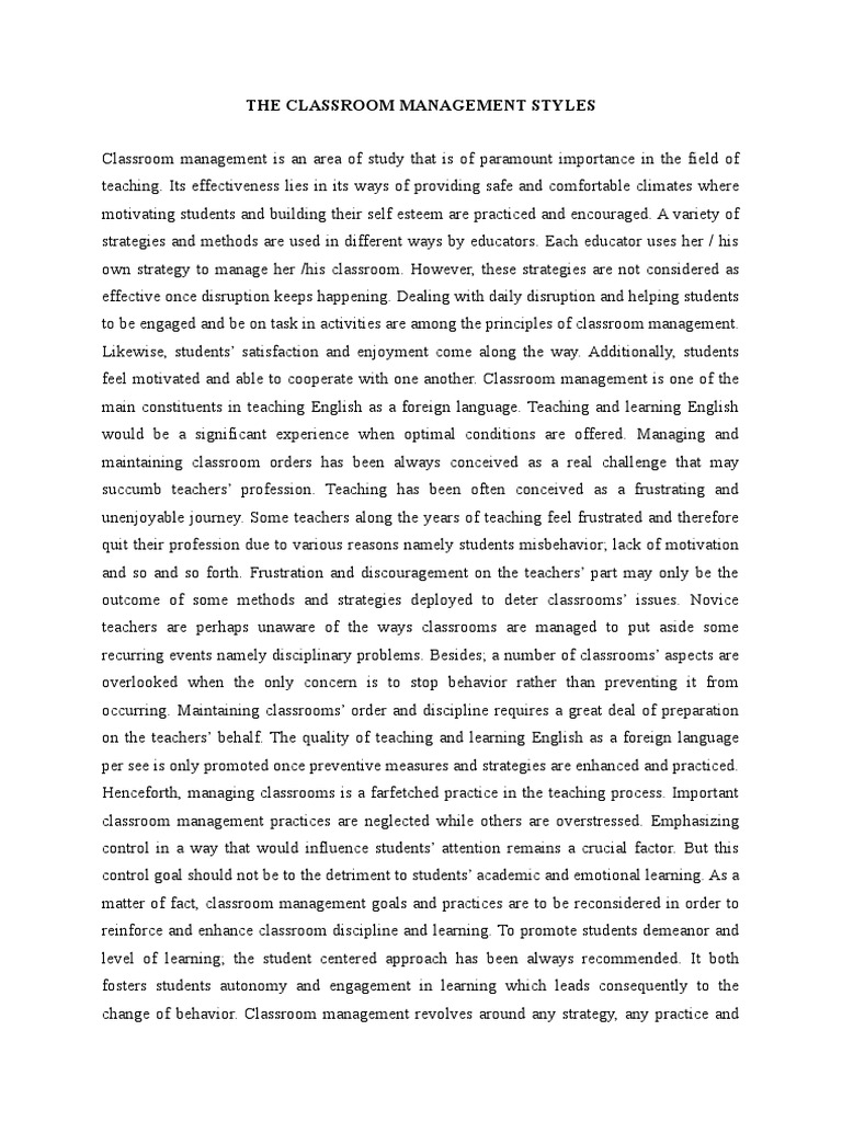 The Classroom Management Styles | PDF | Classroom Management | Teachers