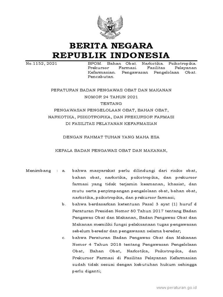 Perka Bpom No 24 Tahun 2021 Pengelolaan Obat Bahan Obat Nakotika Dan