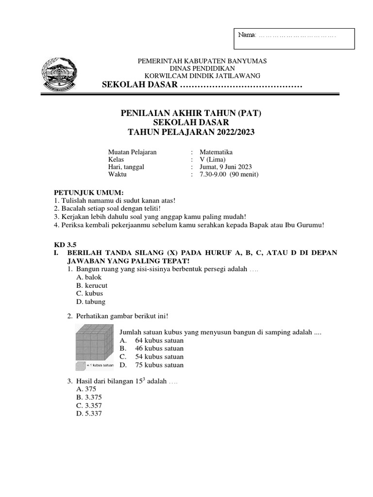 Soal Pat Matematika - Kelas 5 | PDF | Olahraga & Rekreasi | Metode & Bahan Ajar