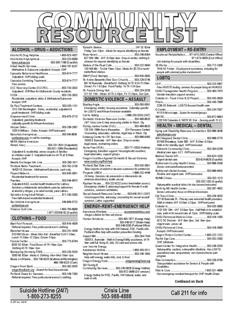 County Commuunity - Resource - List | PDF | Portland | Drug Rehabilitation