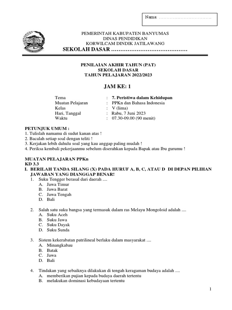 Soal Pat Tema 7 Jam Ke-1 - Kelas 5 | PDF | Ilmu Sosial | Kajian Bahasa Asing