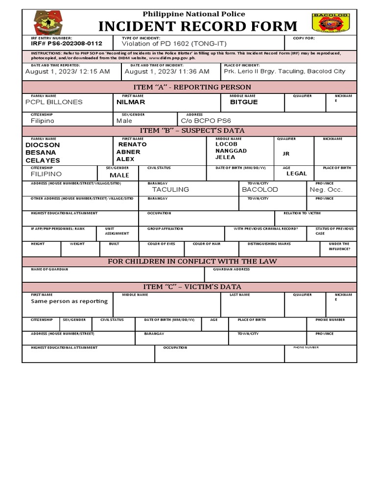Billones Blotter Dated August 1, 2023 PD 1602 | PDF