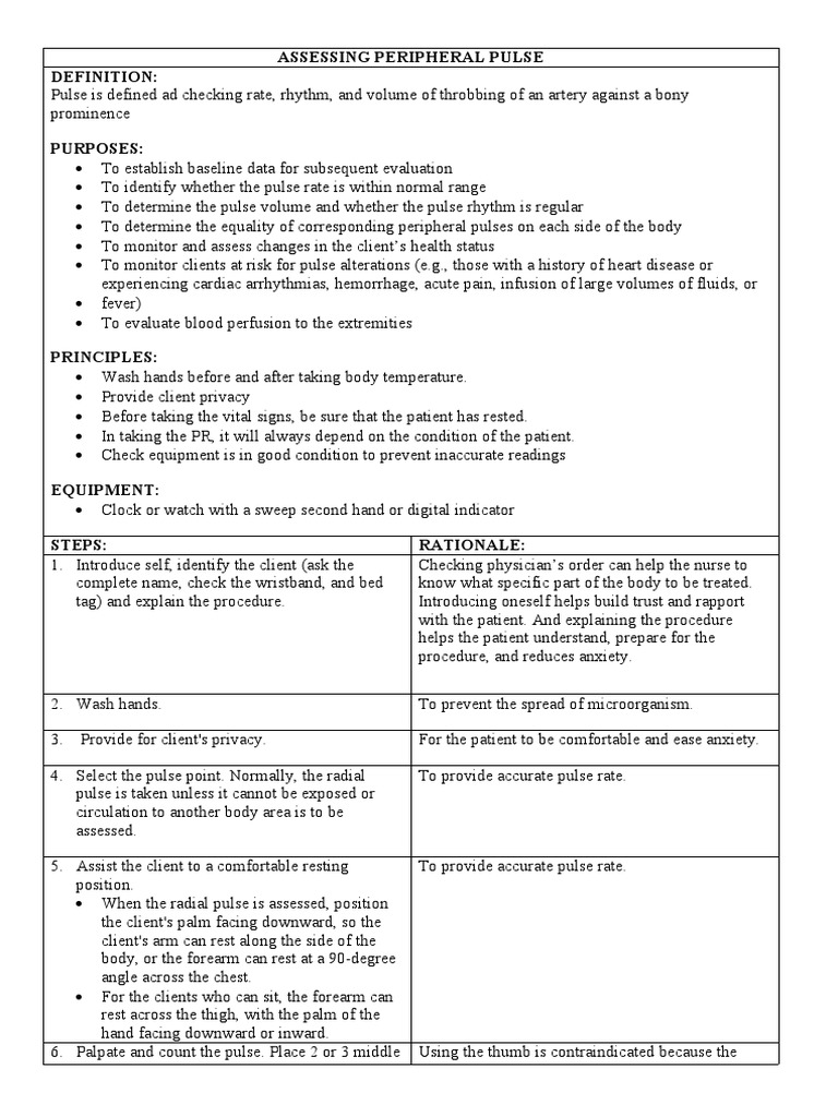Assessing Peripheral Pulse | PDF | Pulse | Physiology