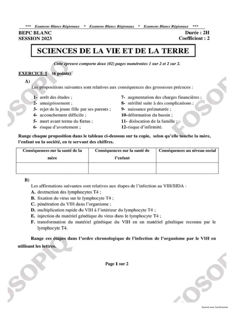 Sujet Et Corrige Bepc Blanc 2023 SVT Regional Cote D'ivoire | PDF
