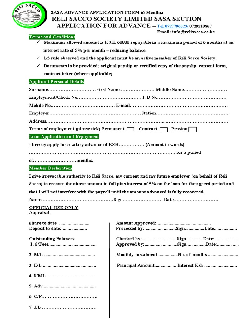 Sasa Advance Application Form@2023 | PDF