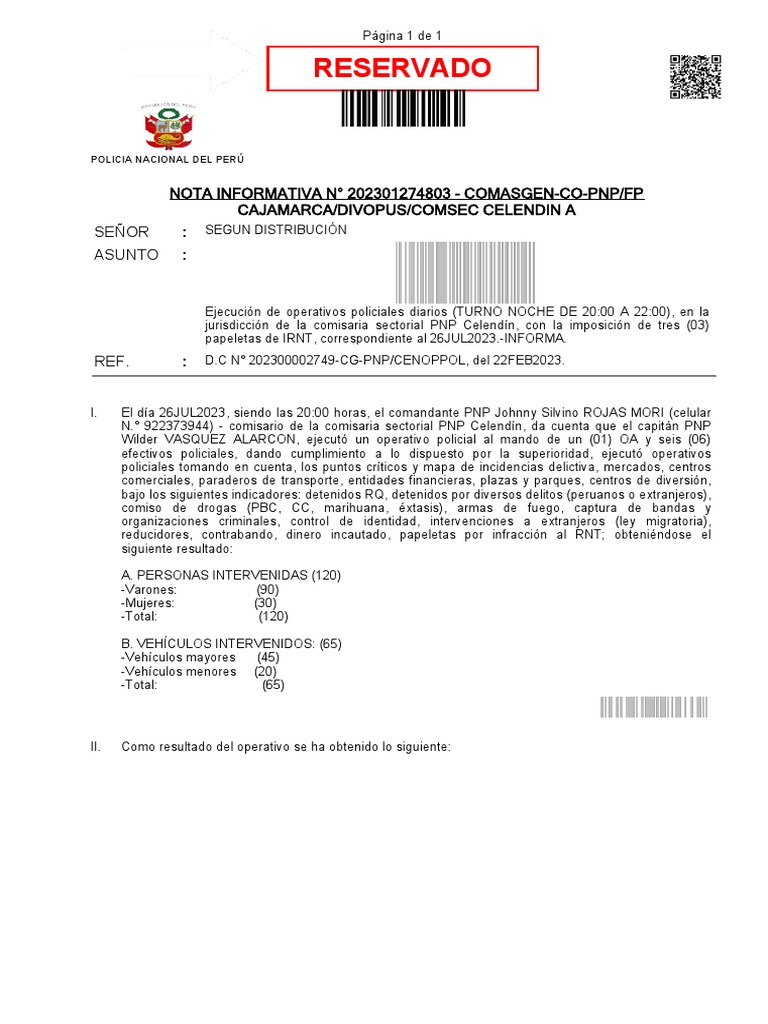 Nota Informativa #202301274803 - Comasgen-Co-Pnp - FP Cajamarca - Divopus - Comsec Celendin A | PDF