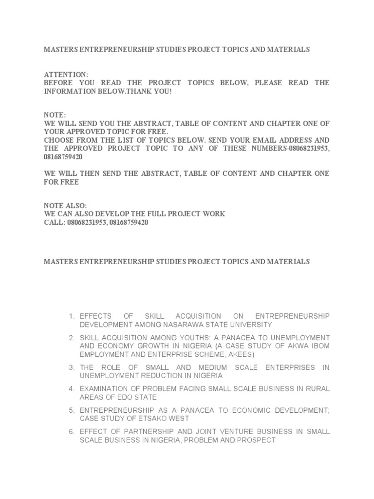 Masters Entrepreneurship Project Topics | PDF | Entrepreneurship ...