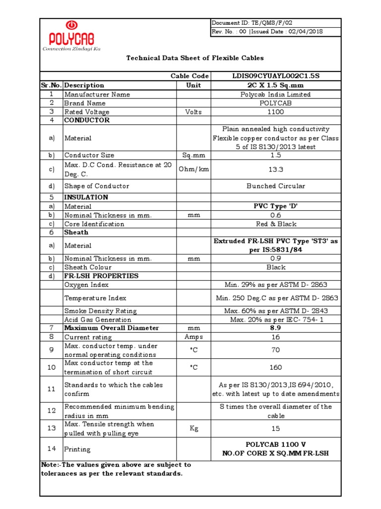 FRLS 1.5 X 2 Core | PDF | Electrical Conductor | Electrical Engineering