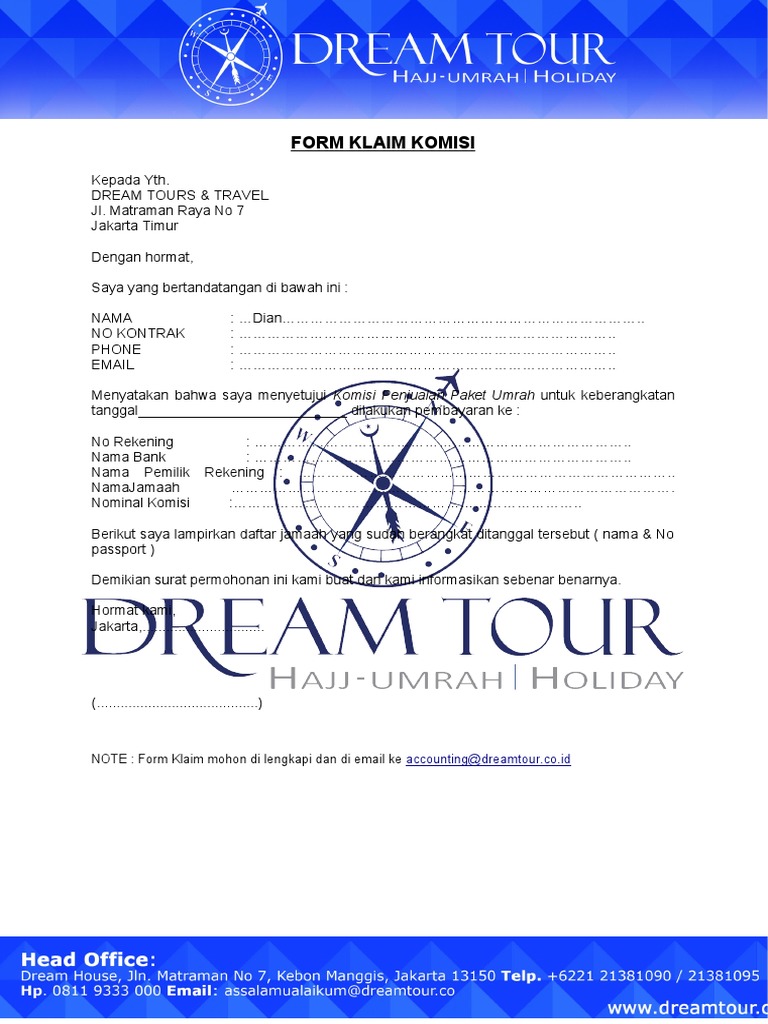 Formulir Klaim Komisi Sales Dream Tour | PDF