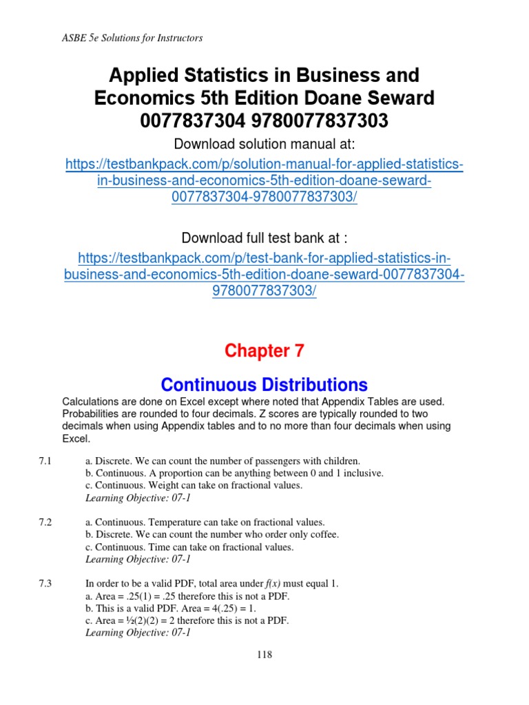 Applied Statistics in Business and Economics 5th Edition Doane Solutions Manual Download | PDF ...
