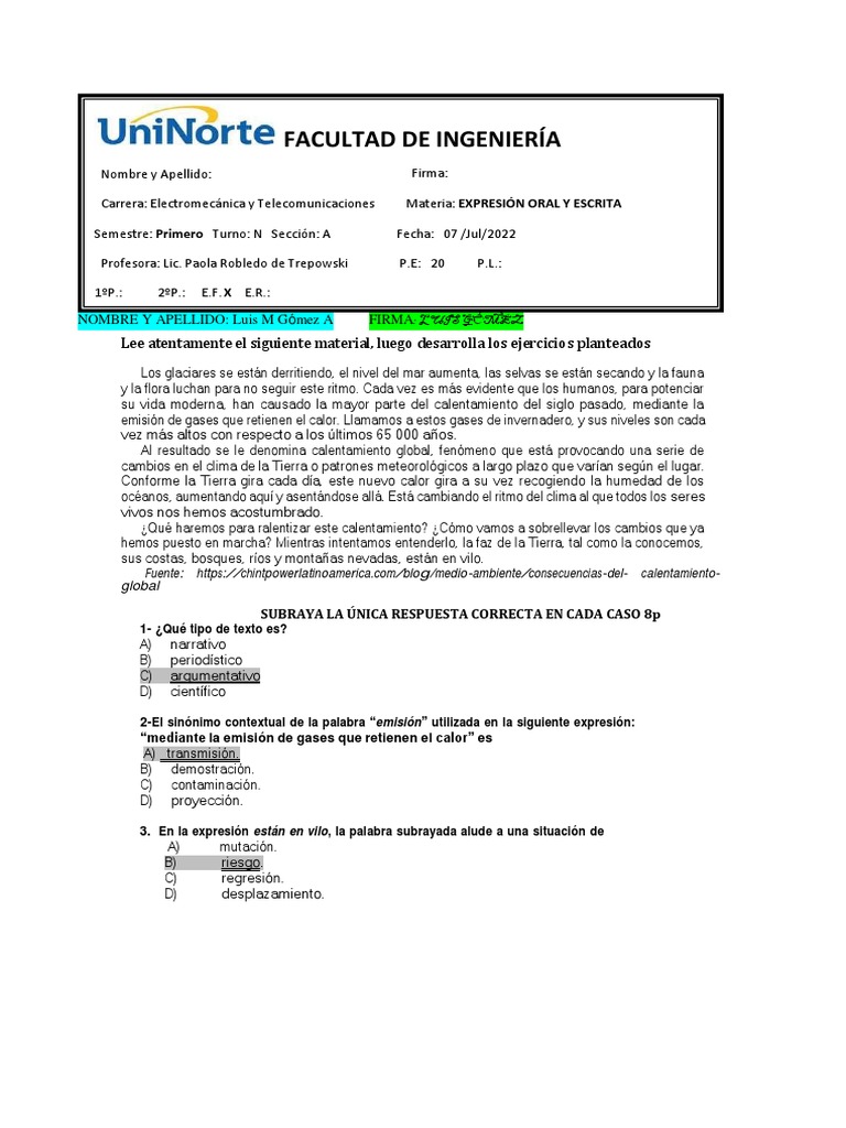 Examen Final de Exp. Oral y Escrita - Jueves 7 de Julio Luis | PDF | Cambio climático | Tierra