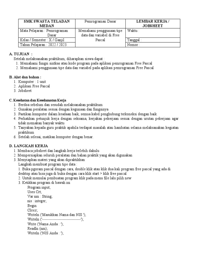 Jobsheet 3 Program Tipe Data Dan Variabel Pada Free Pascal | PDF