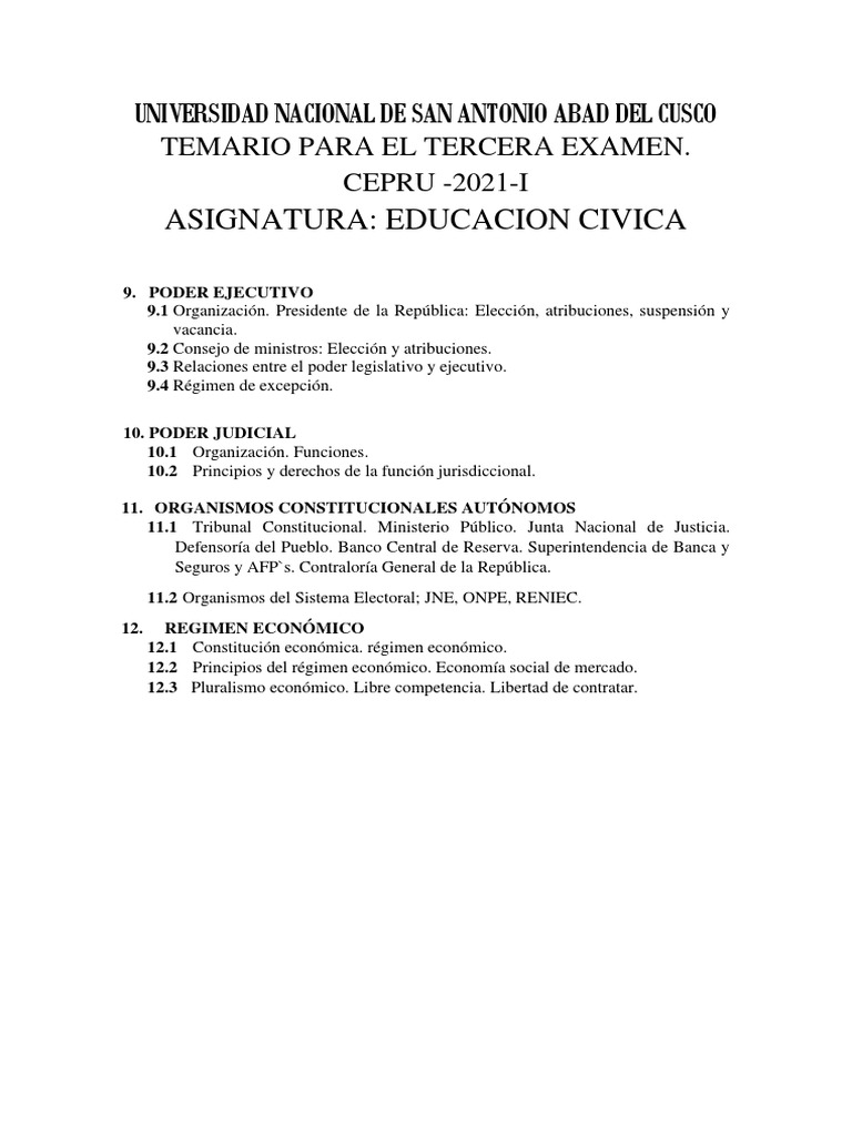 Temario de Educacion Civica Pra El Tercer Examen Cepru 2021-1 | PDF