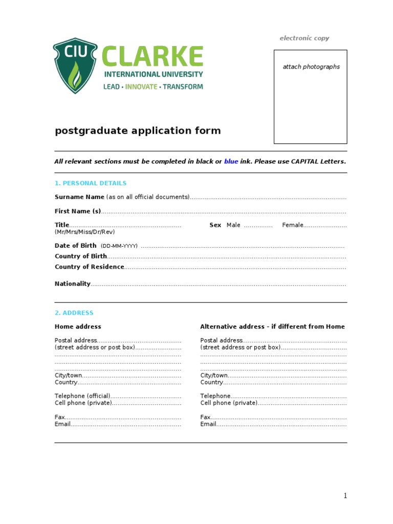 CIU Postgraduate Application Form | PDF | Disability | Postgraduate ...