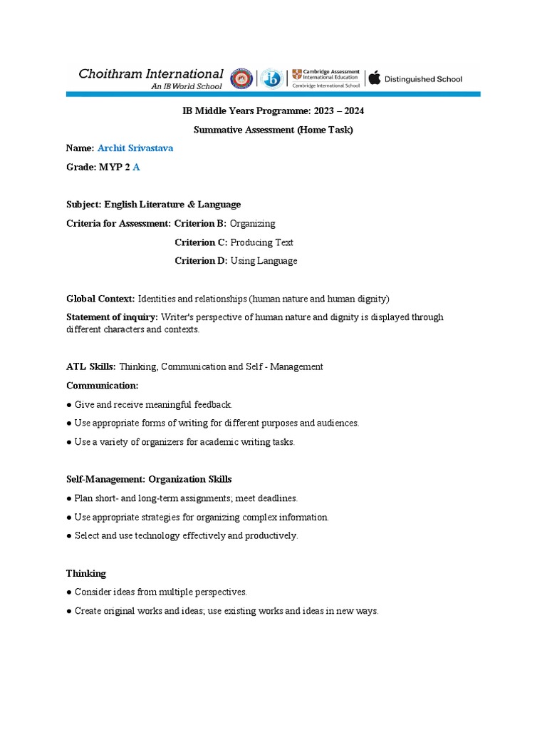 MYP English Comic Strip Assignment | PDF