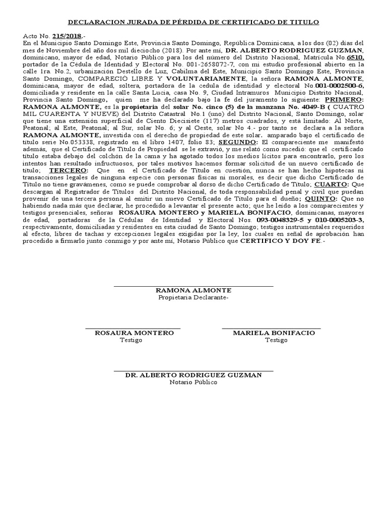 Declaracion Jurada de Pérdida de Certificado de Titulo | PDF