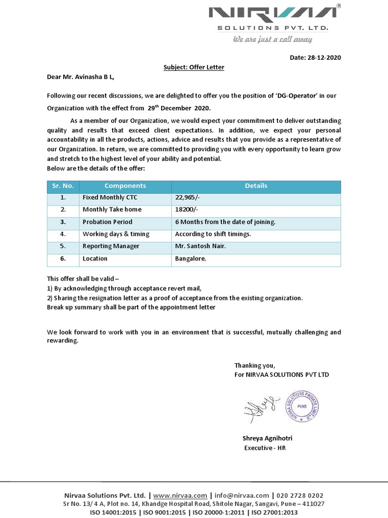 Offer Letter - Avinasha B L | PDF