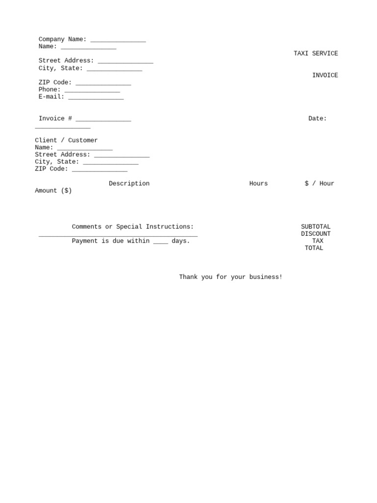 Taxi Service Invoice Template | PDF