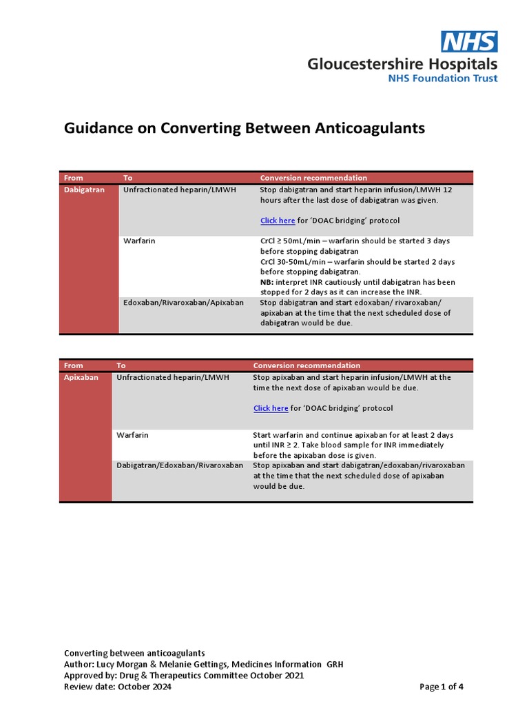 Anticoagulant Conversion Guide | PDF | Pharmacy | Medical Specialties