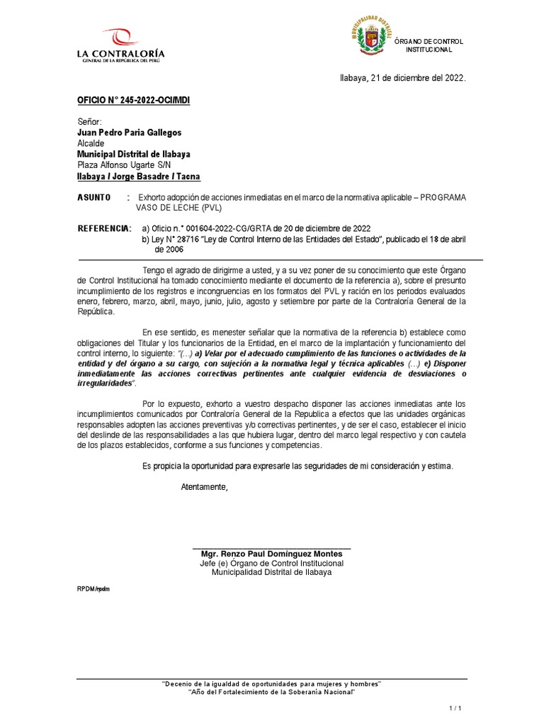 Oficio #245-2022 - Adopcion de Medias en El Marco Del Control Interno - PVL Vaso de Leche | PDF