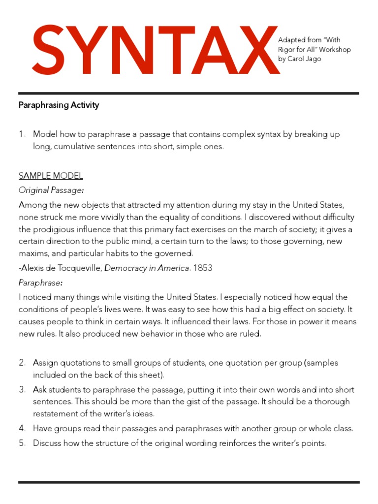 Syntax Exercises For Paraphrasing and Combining | PDF | Sentence ...