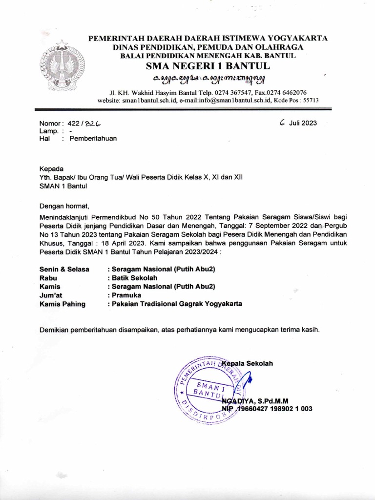 Pemberitahuan Pemakaian Seragam Siswa20230707 - 09224327 | PDF